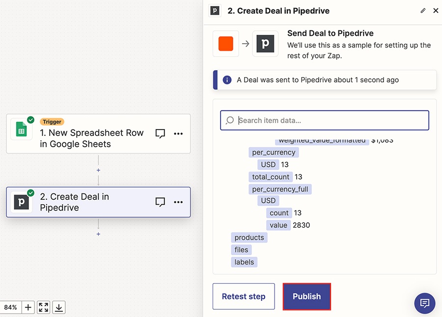 Zapier: saving new rows in Google Sheets as new deals in Pipedrive - Knowledge Base | Pipedrive